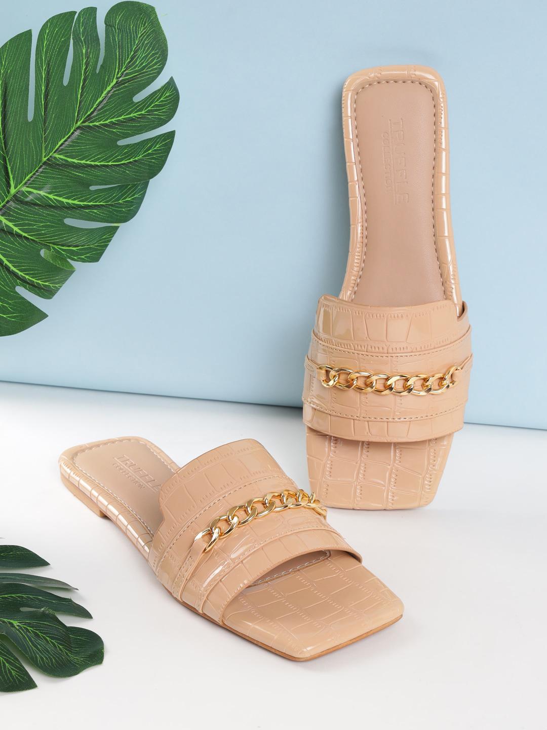 Buy Truffle Collection Textured Embellished Open Toe Flats - Flats for ...