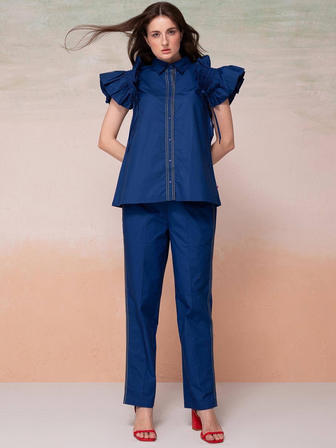 Buy Bannos Swagger Blue Pleated Sleeve Shirt Collar Pure Cotton Top ...