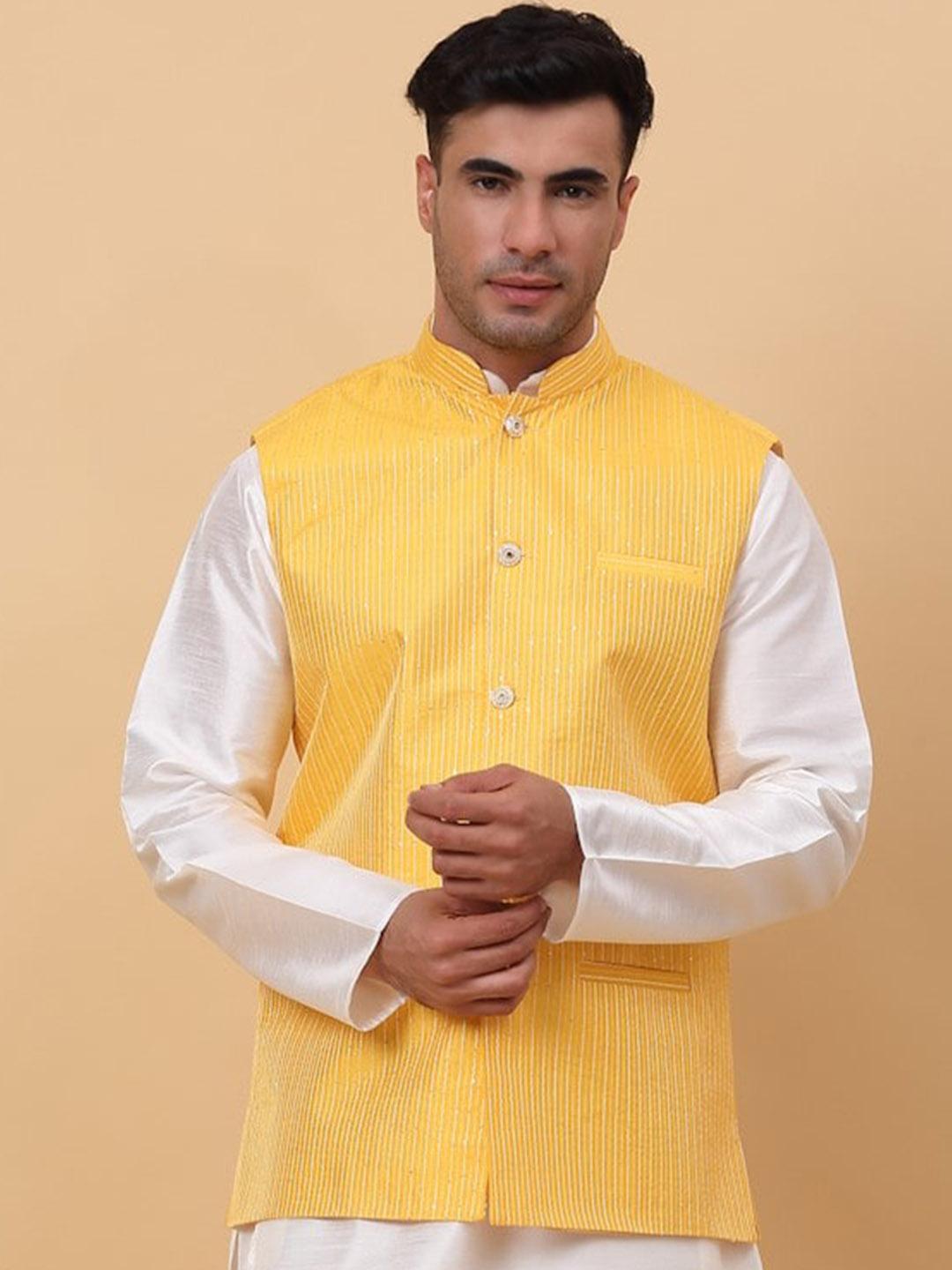 Buy KRAFT INDIA Striped With Sequin Embellished Nehru Jacket - Nehru ...