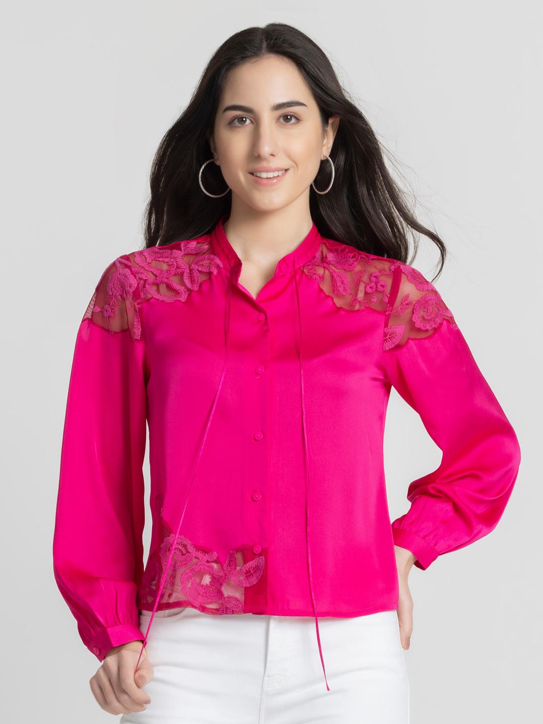 Buy SHAYE Mandarin Collar Satin Shirt Style Top - Tops for Women ...