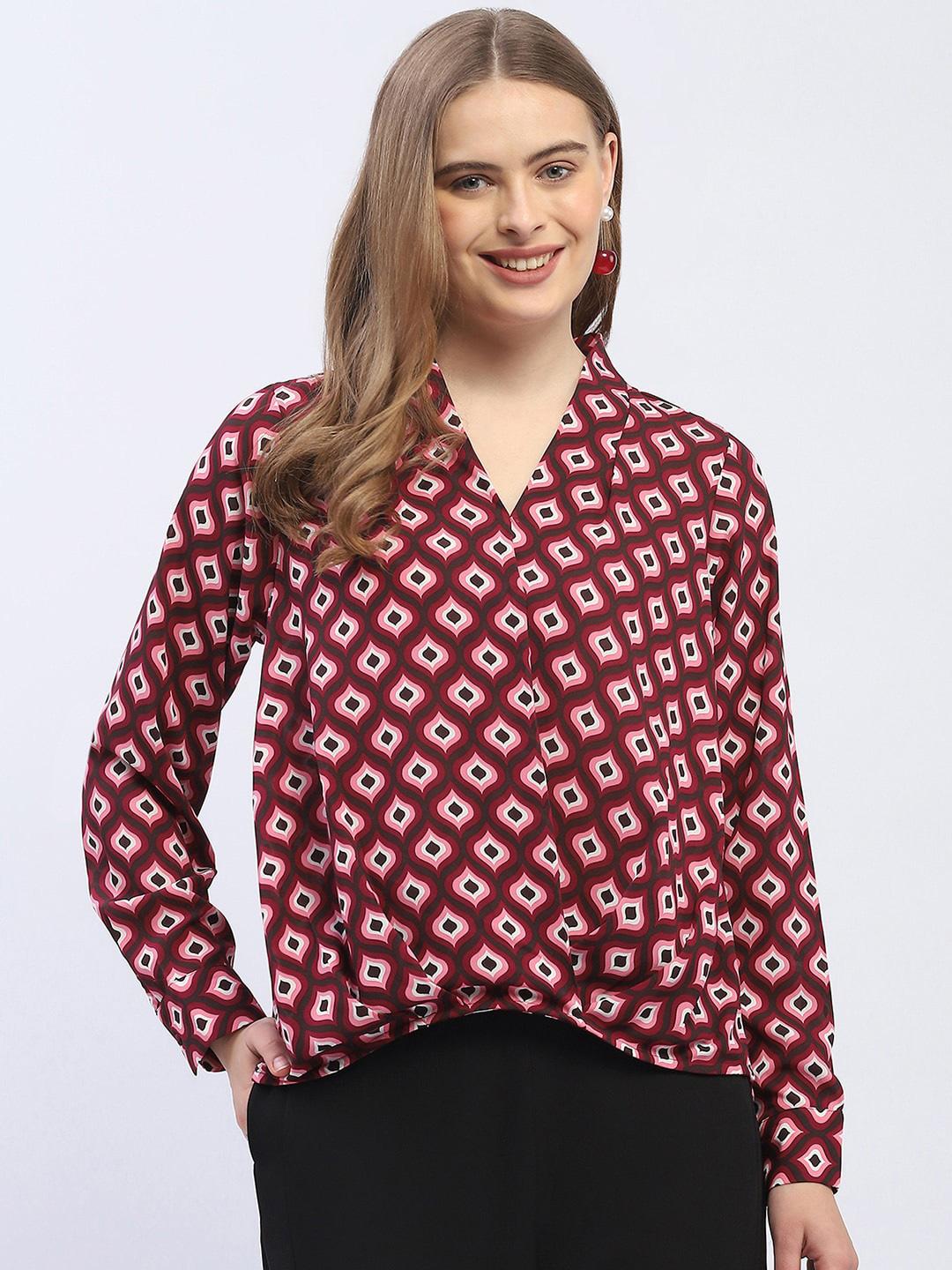 Buy Madame Geometric Print V Neck Long Sleeves Shirt Style Top - Tops ...