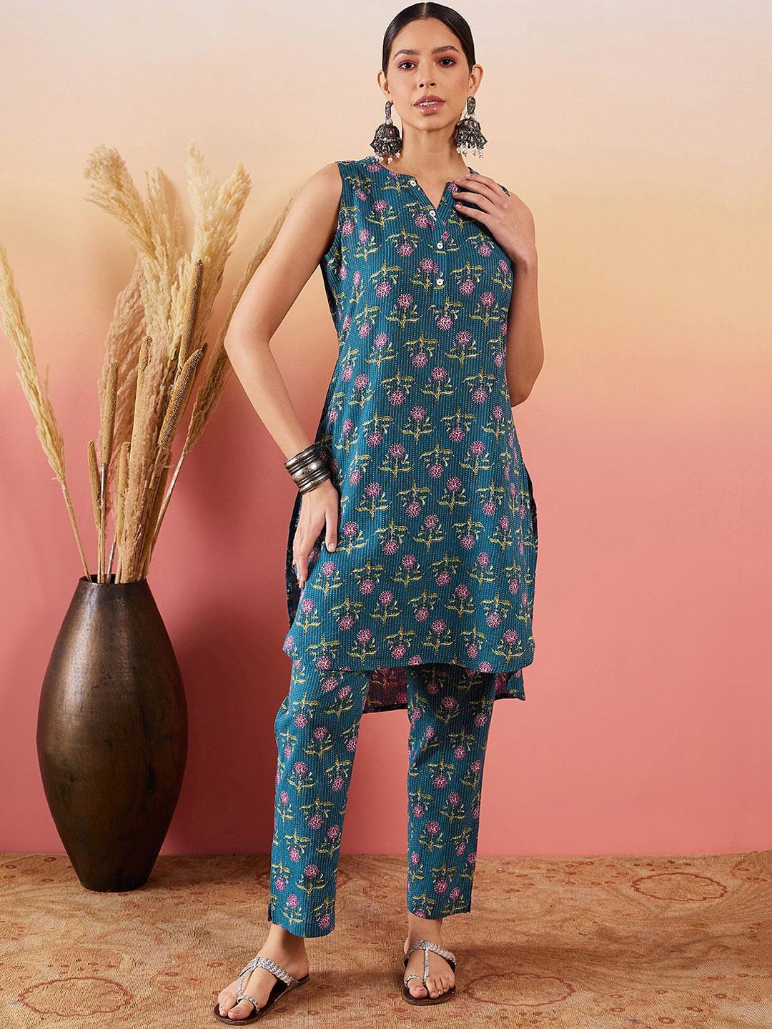 Buy InWeave Women Floral Printed Regular Pure Cotton Kurta With ...