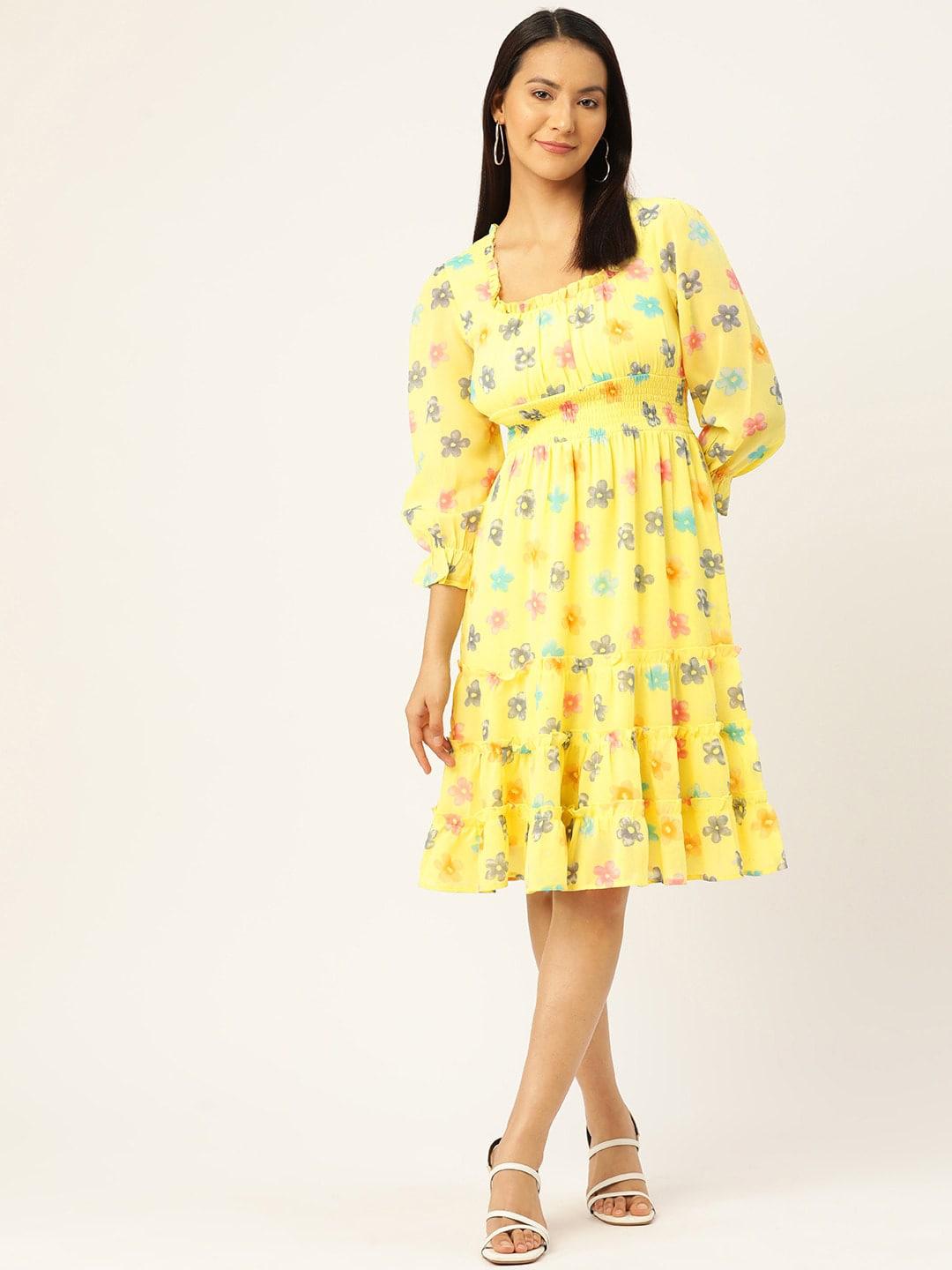 Buy Slenor Floral Print Puff Sleeve Georgette Fit & Flare Dress ...