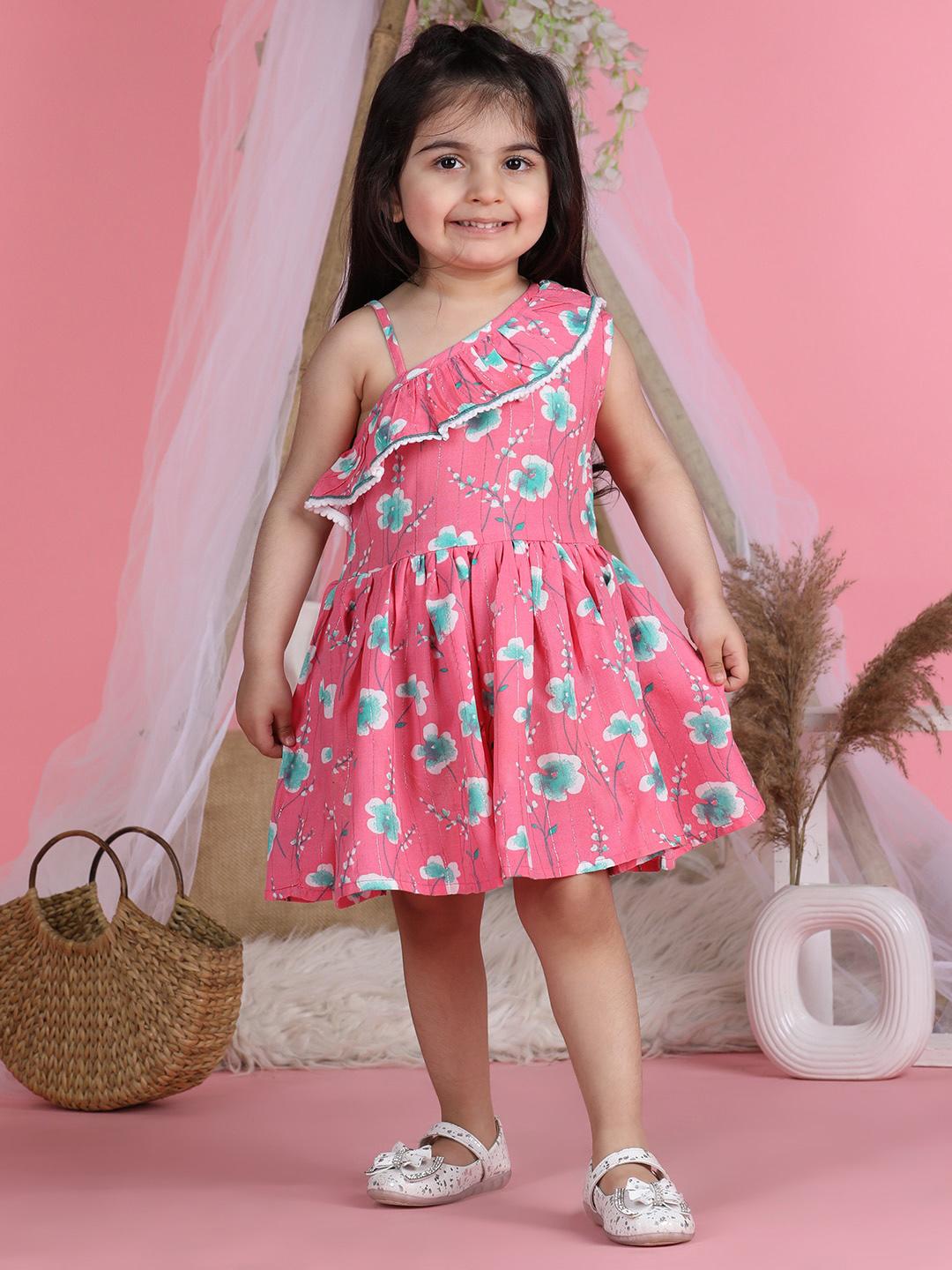 Buy Cutiekins Girls Floral Printed Cotton Flared Pom Pom Fit & Flare ...