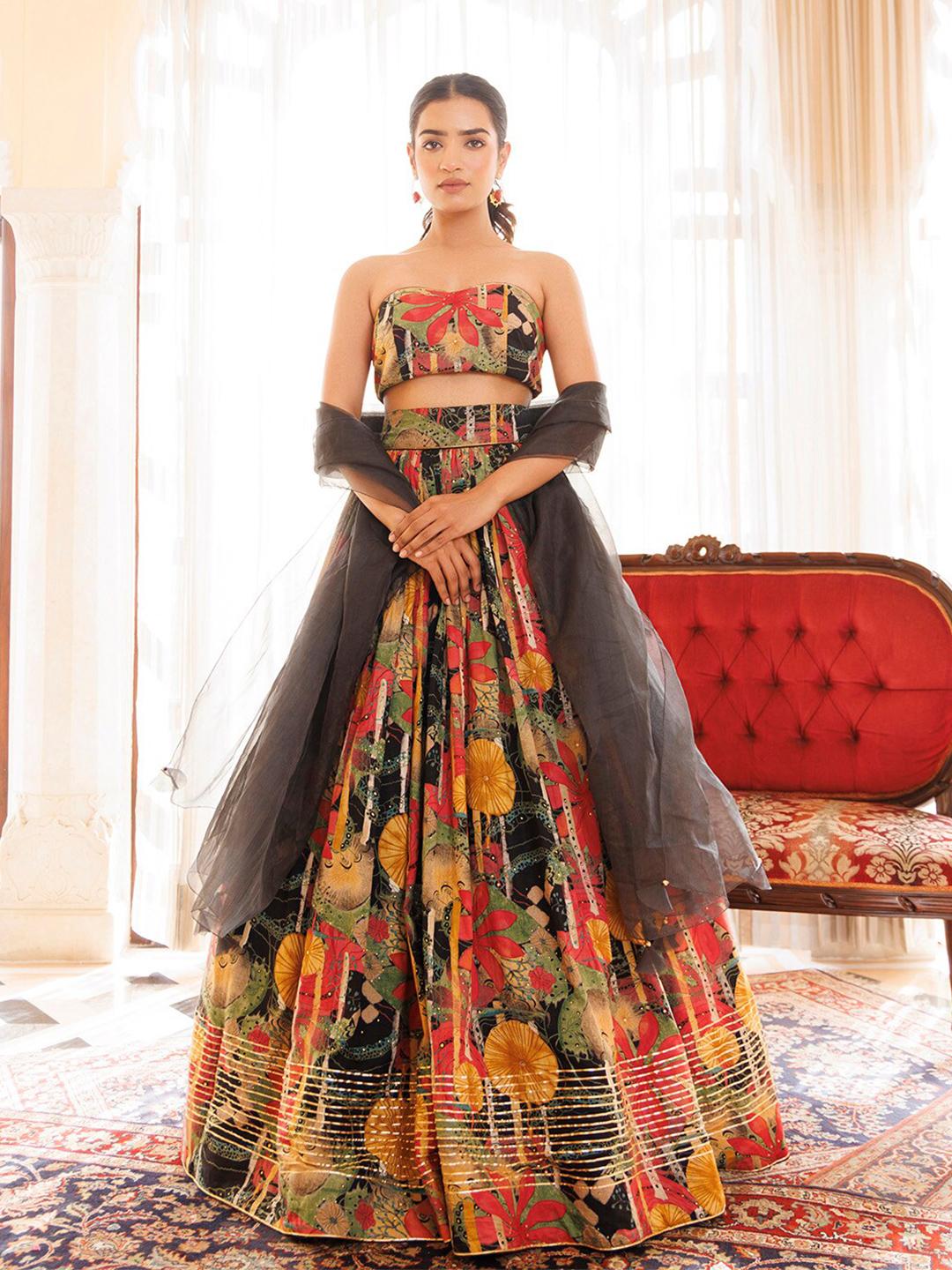 Buy Ragavi Printed Strapless Cotton Ready To Wear Lehenga & Blouse With ...