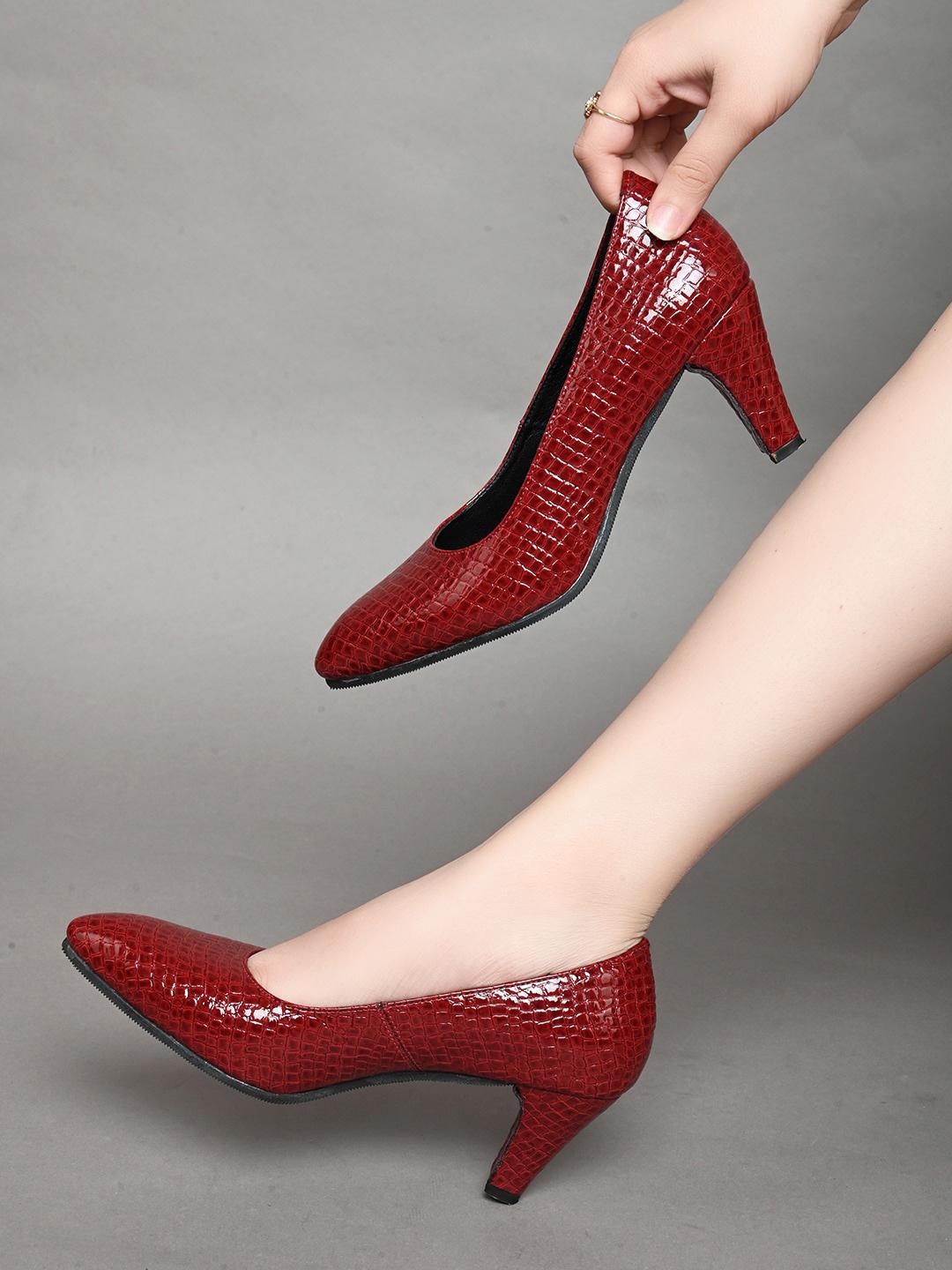 Buy Mast & Harbour Burgandy Textured Pointed Toe Kitten Heel Pumps ...