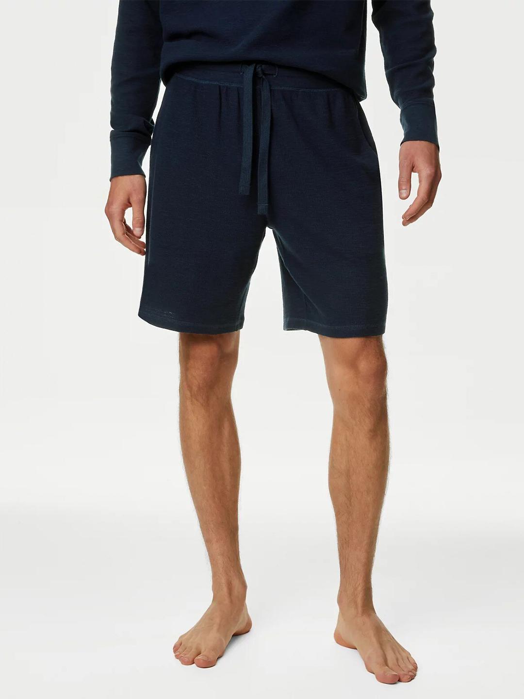 Buy Marks & Spencer Men Blue Mid Rise Pure Cotton Lounge Shorts ...