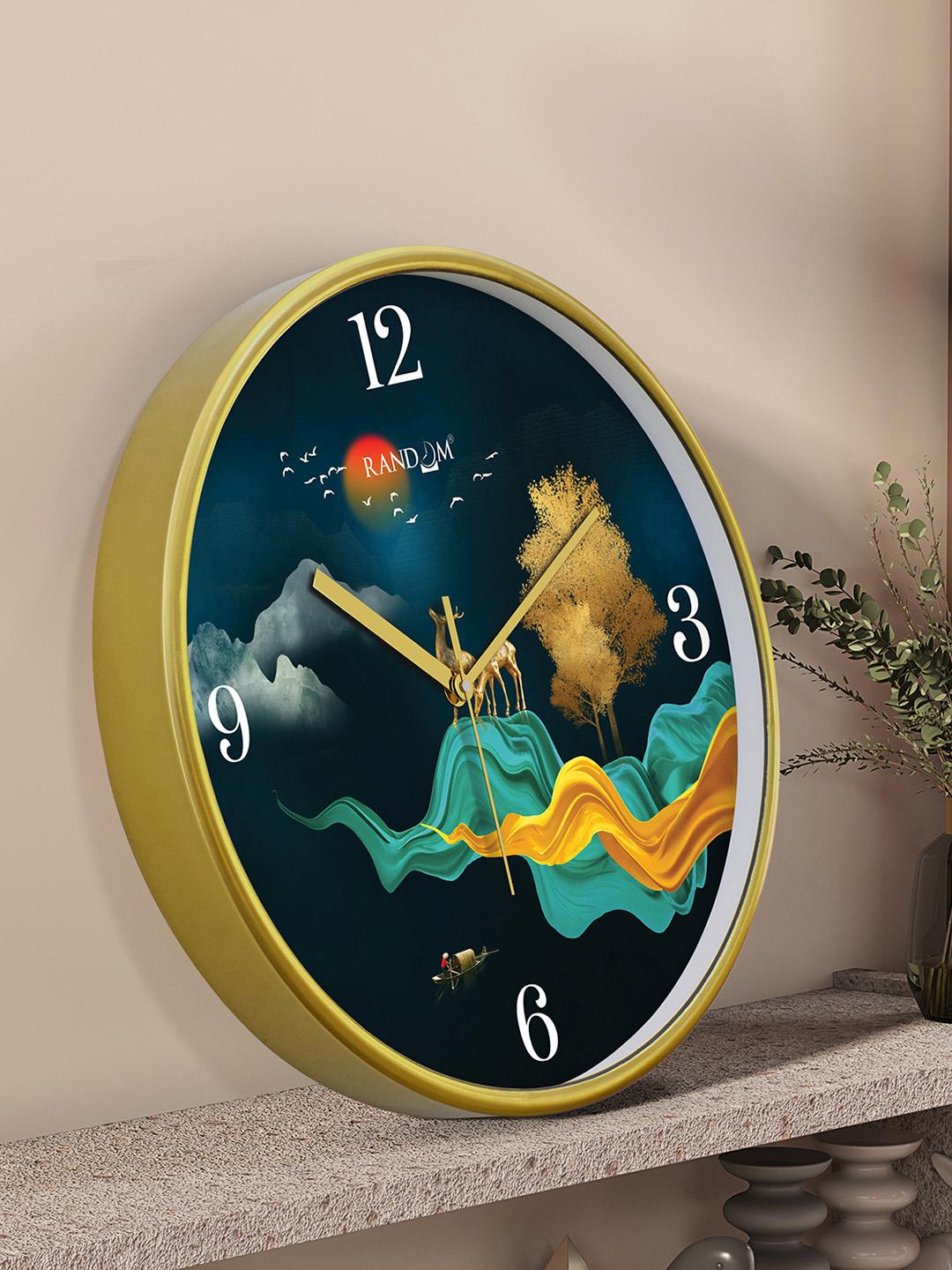 Buy RANDOM Gold Toned & Blue Printed Contemporary Round Wall Clock ...