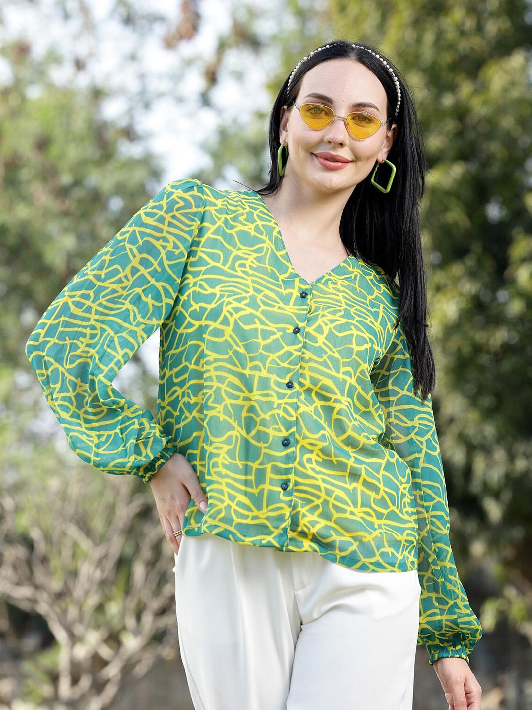 Buy PlusS Green Abstract Printed Puff Sleeve Shirt Style Top - Tops for ...