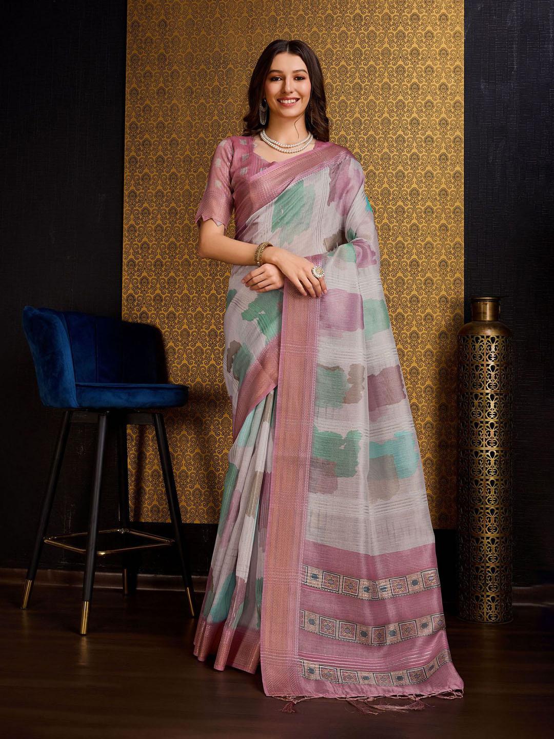 Buy Mitera Pink Abstract Printed Woven Design Zari Organza Saree ...
