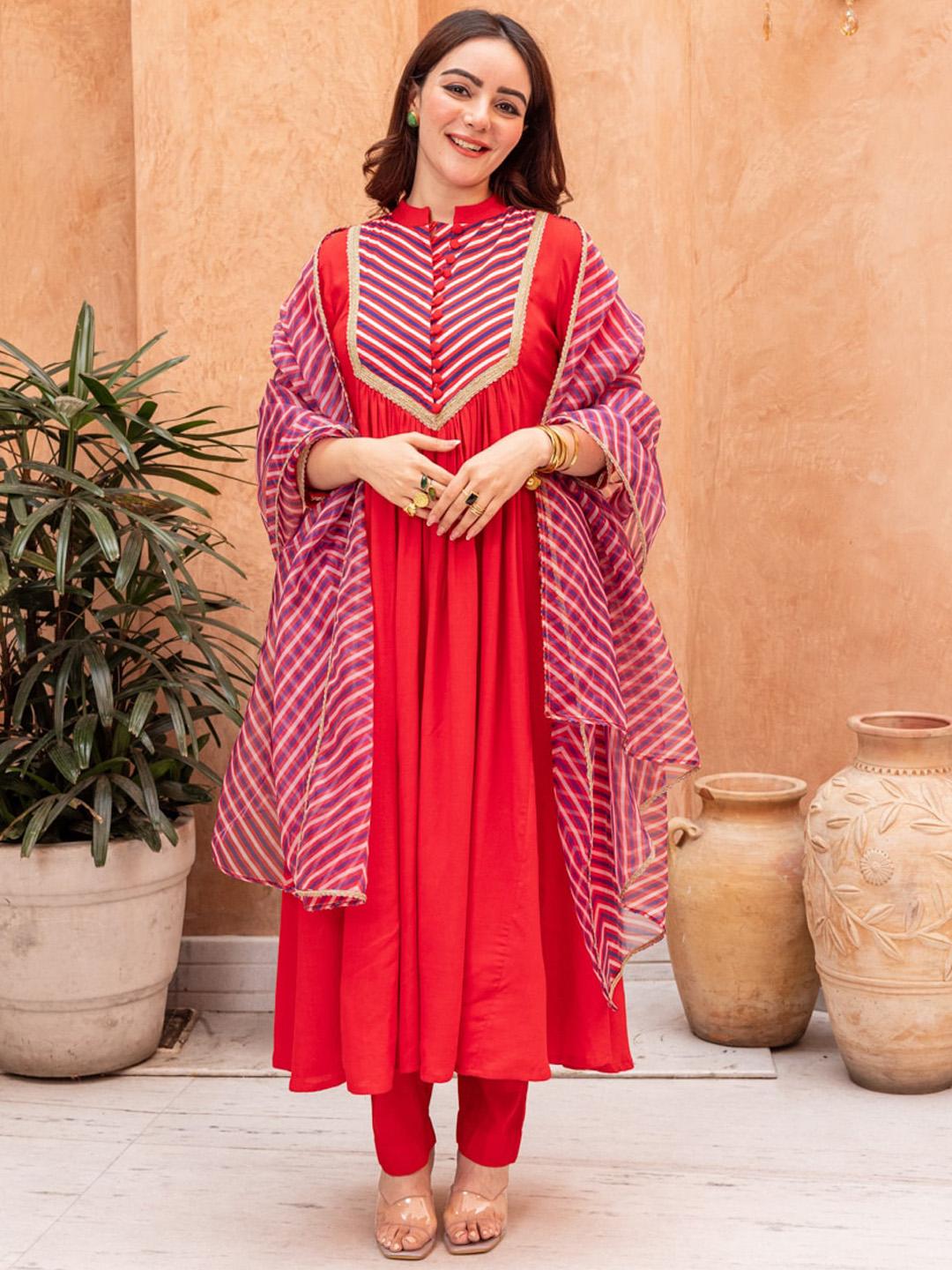 Buy Ambraee Striped Yoke Design Mandarin Collar Empire Anarkali Kurta ...