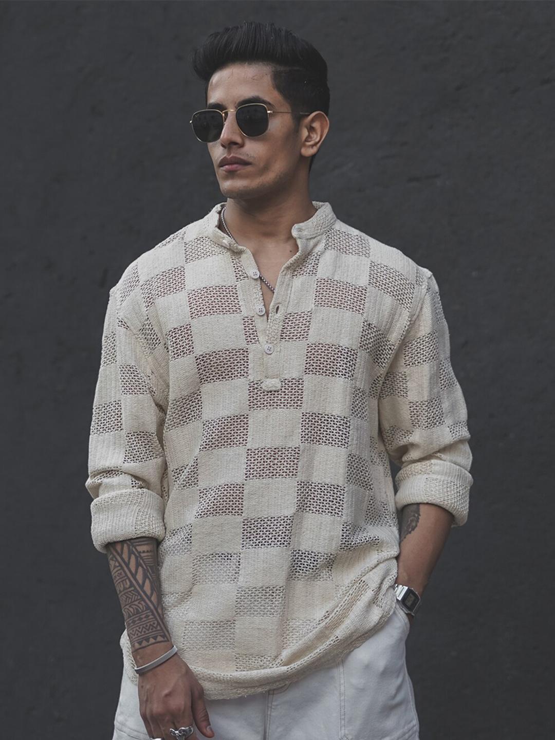 Buy Powerlook Mandarin Collar Semi Sheer Checked Cotton Casual Shirt ...