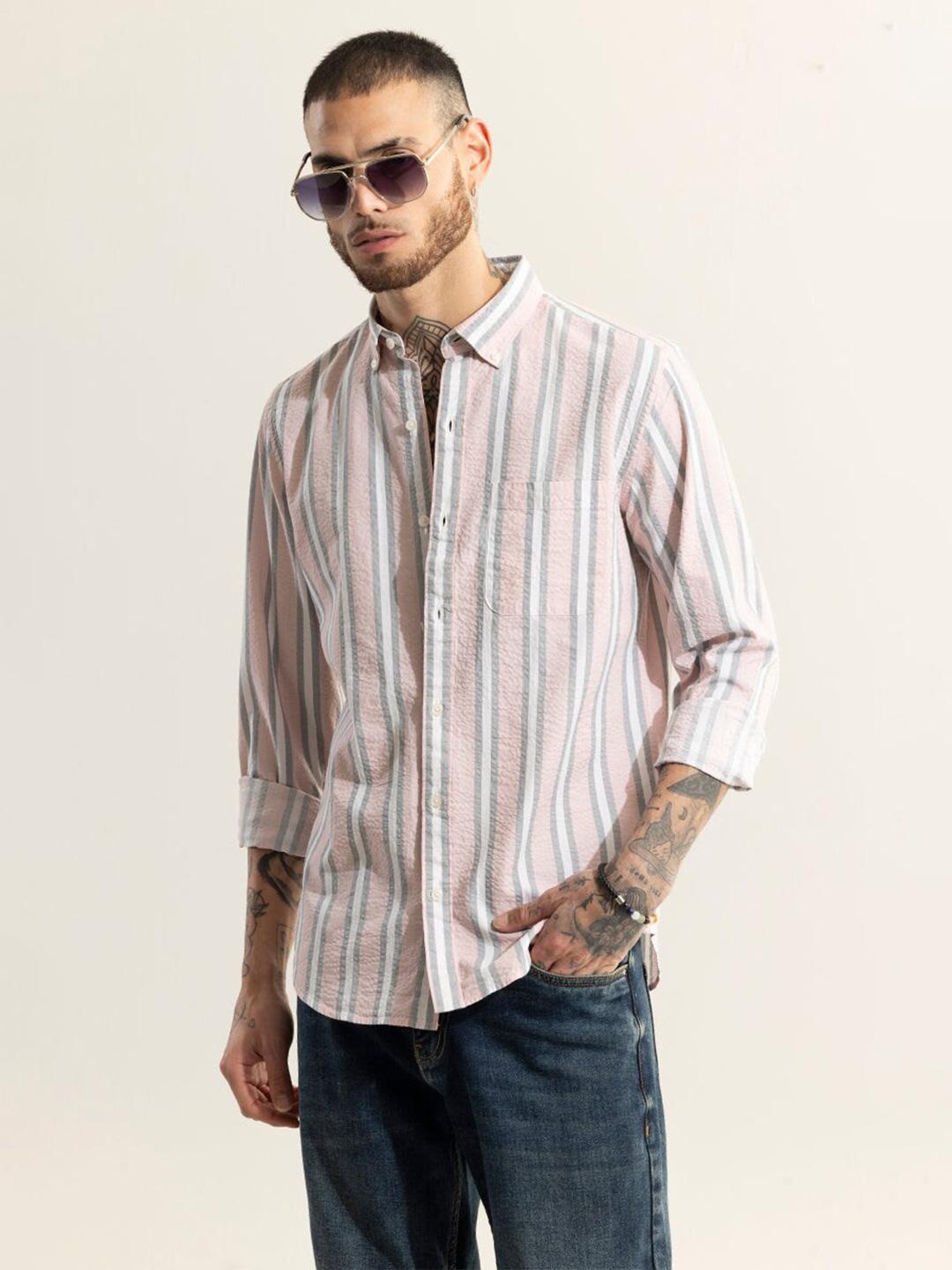 Buy Snitch Pink & White Vertical Striped Classic Slim Fit Opaque Casual ...
