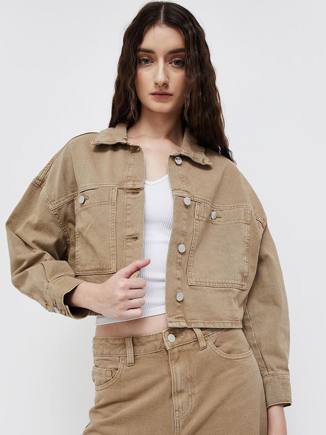Buy Ginger By Lifestyle Spread Collar Pure Cotton Crop Denim Jacket ...
