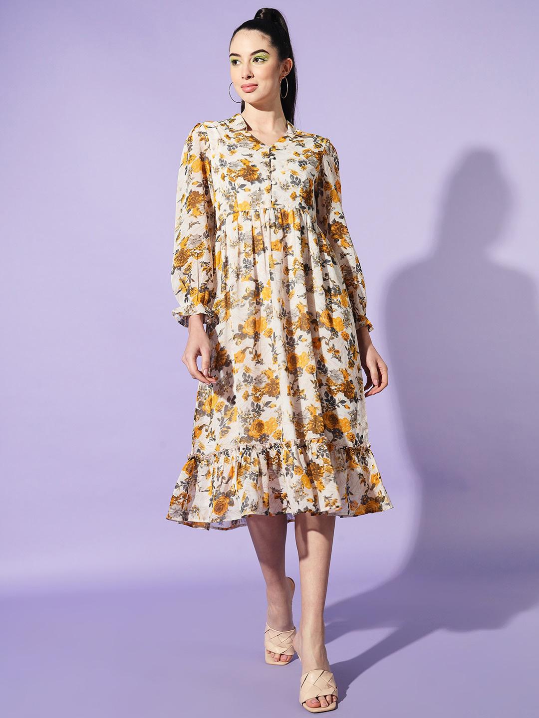 Buy Slenor Floral Printed Puffed Sleeves Tiered Georgette Fit & Flare ...