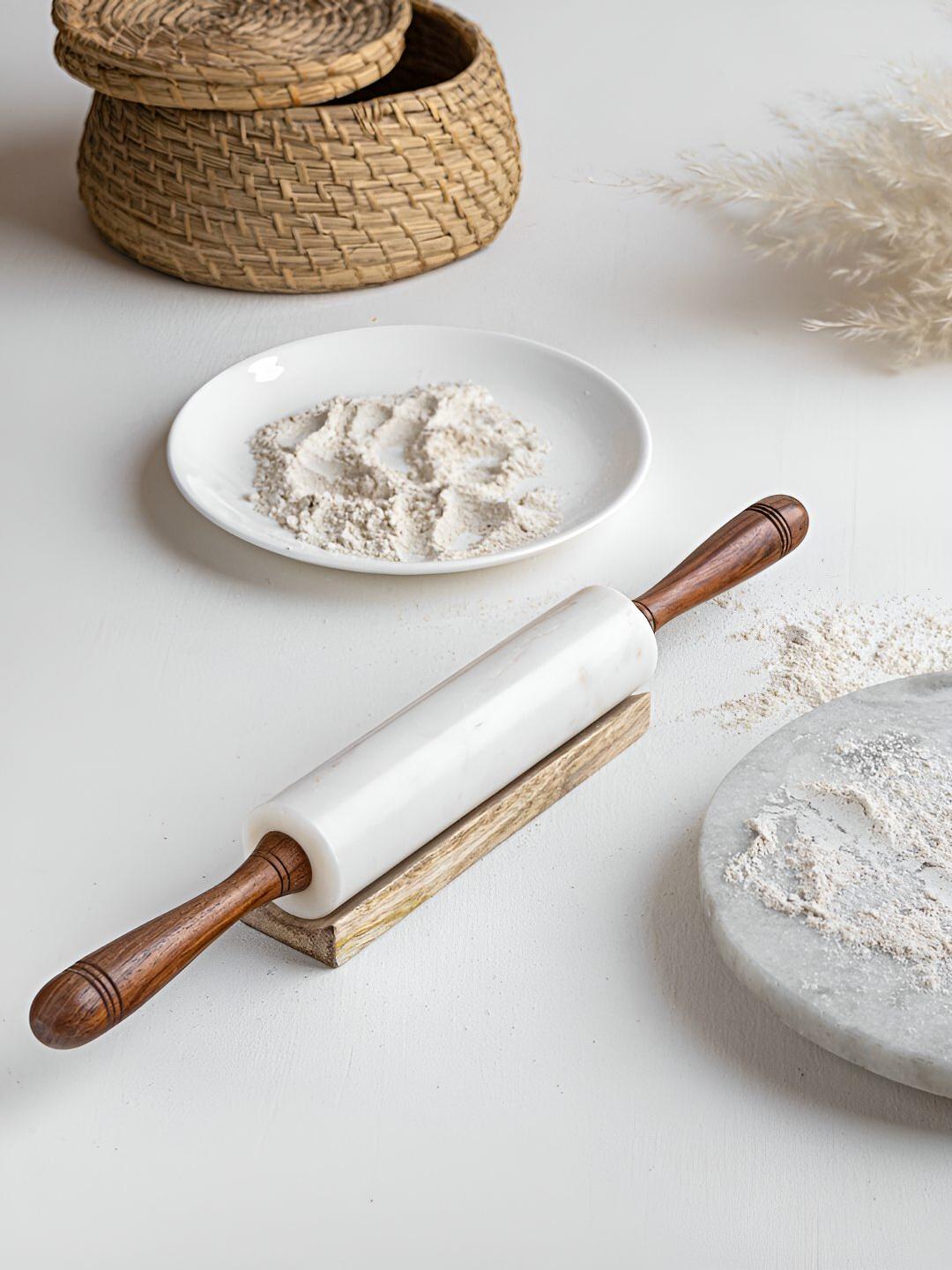Buy Marbleous White & Brown Marble Rolling Pin With Wooden Rest ...