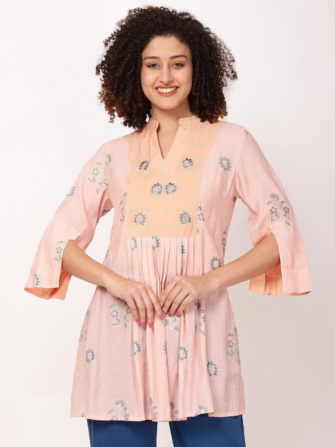 Buy FUTURO Floral Printed Mandarin Collar Flared Sleeve A Line Longline ...