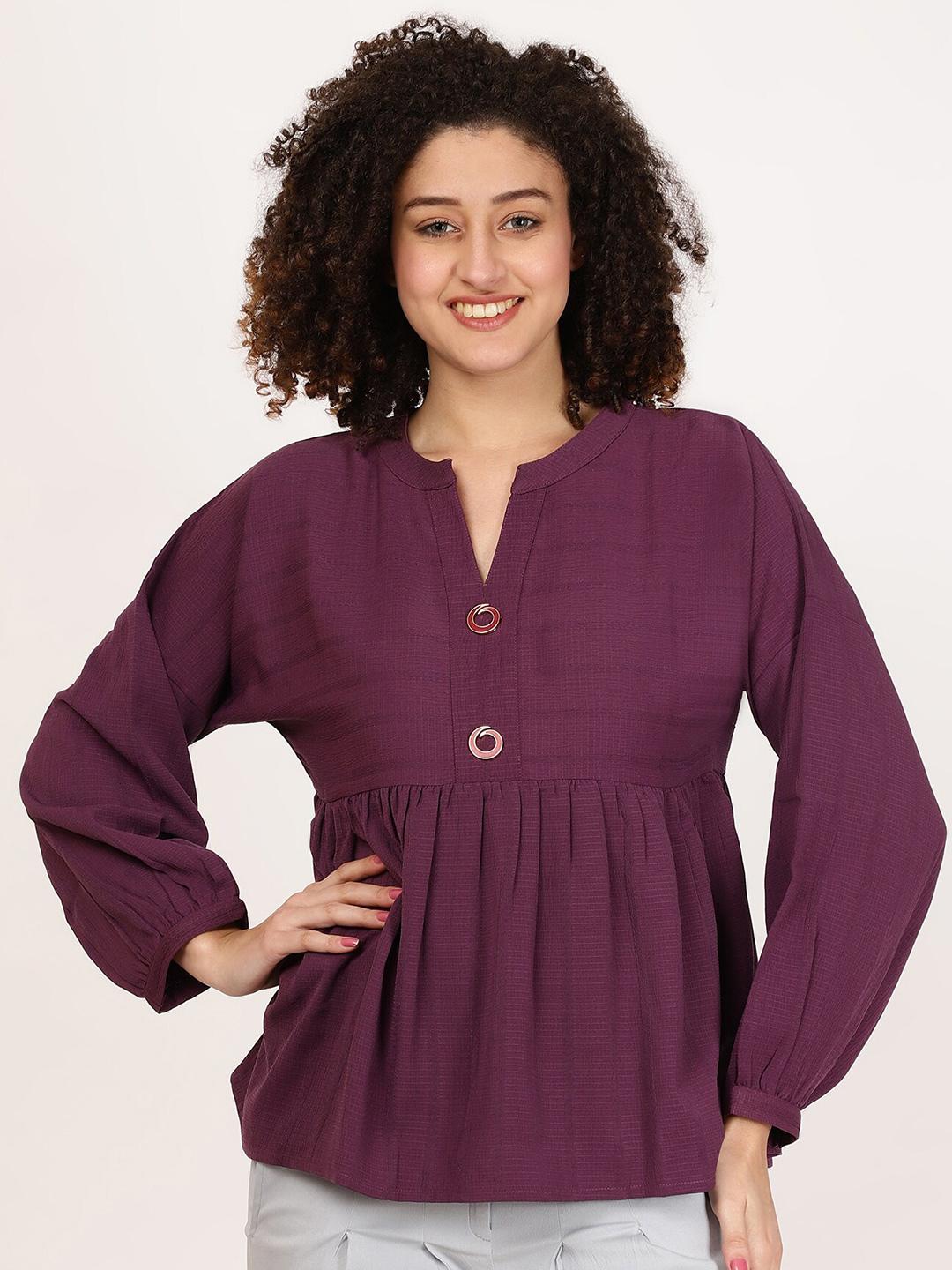 Buy FUTURO Mandarin Collar Cuffed Sleeves A Line Pleated Top - Tops for ...