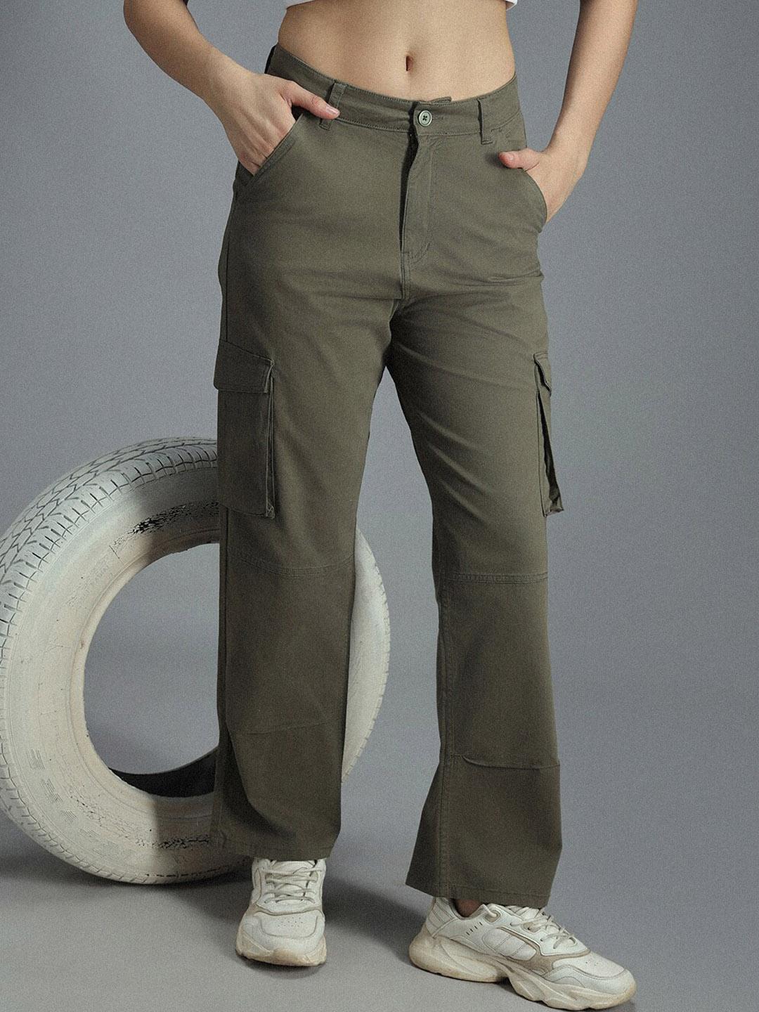 Buy High Star Women Relaxed Straight Fit High Rise Plain Cargos ...