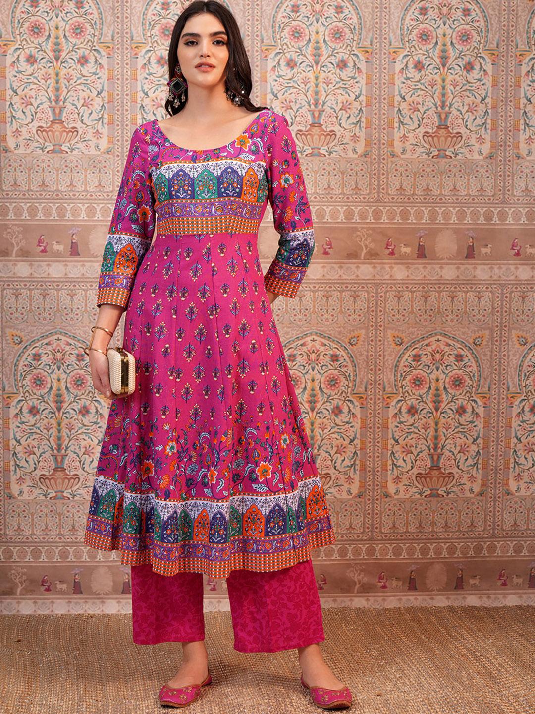 Buy Vishudh Pink Floral Printed Pure Cotton Anarkali Kurta With Palazzo ...