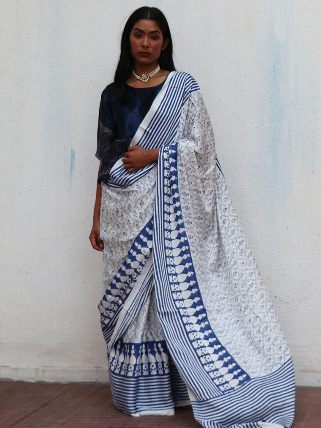 Buy Chidiyaa Ethnic Motifs Block Print Saree - Sarees for Women ...