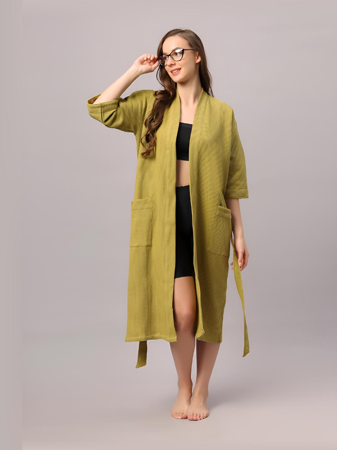 Buy HotGown Green Waffle Textured Cotton Bath Robe - Bath Robe And ...