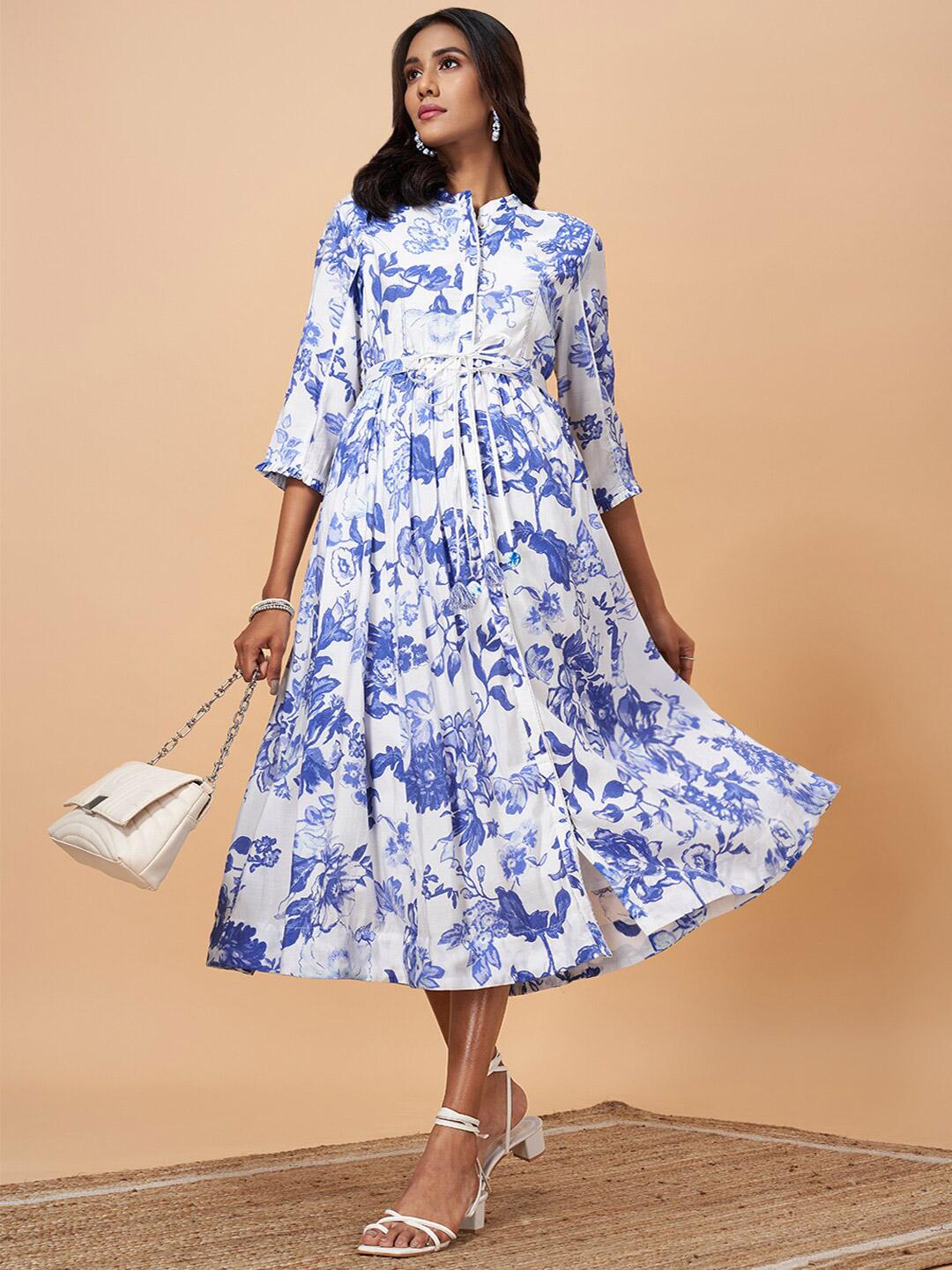 Buy Marigold Lane Floral Printed Mandarin Collar Fit & Flare Midi Dress ...