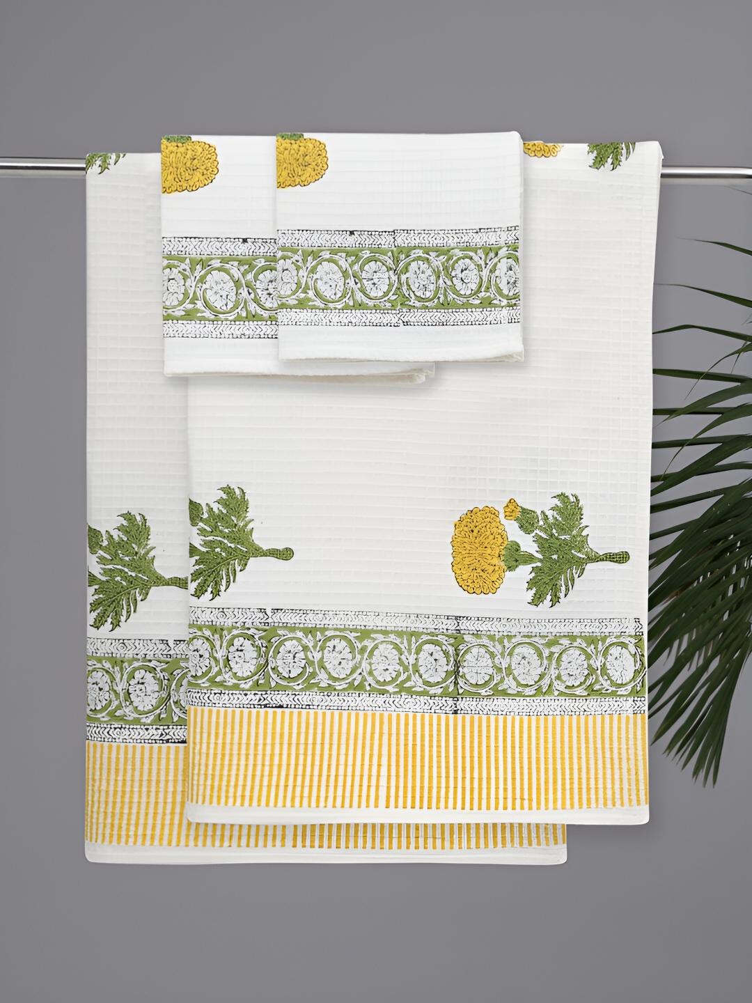 Buy Peepul Tree Piece Of 4 Off White & Yellow Floral Block Printed ...