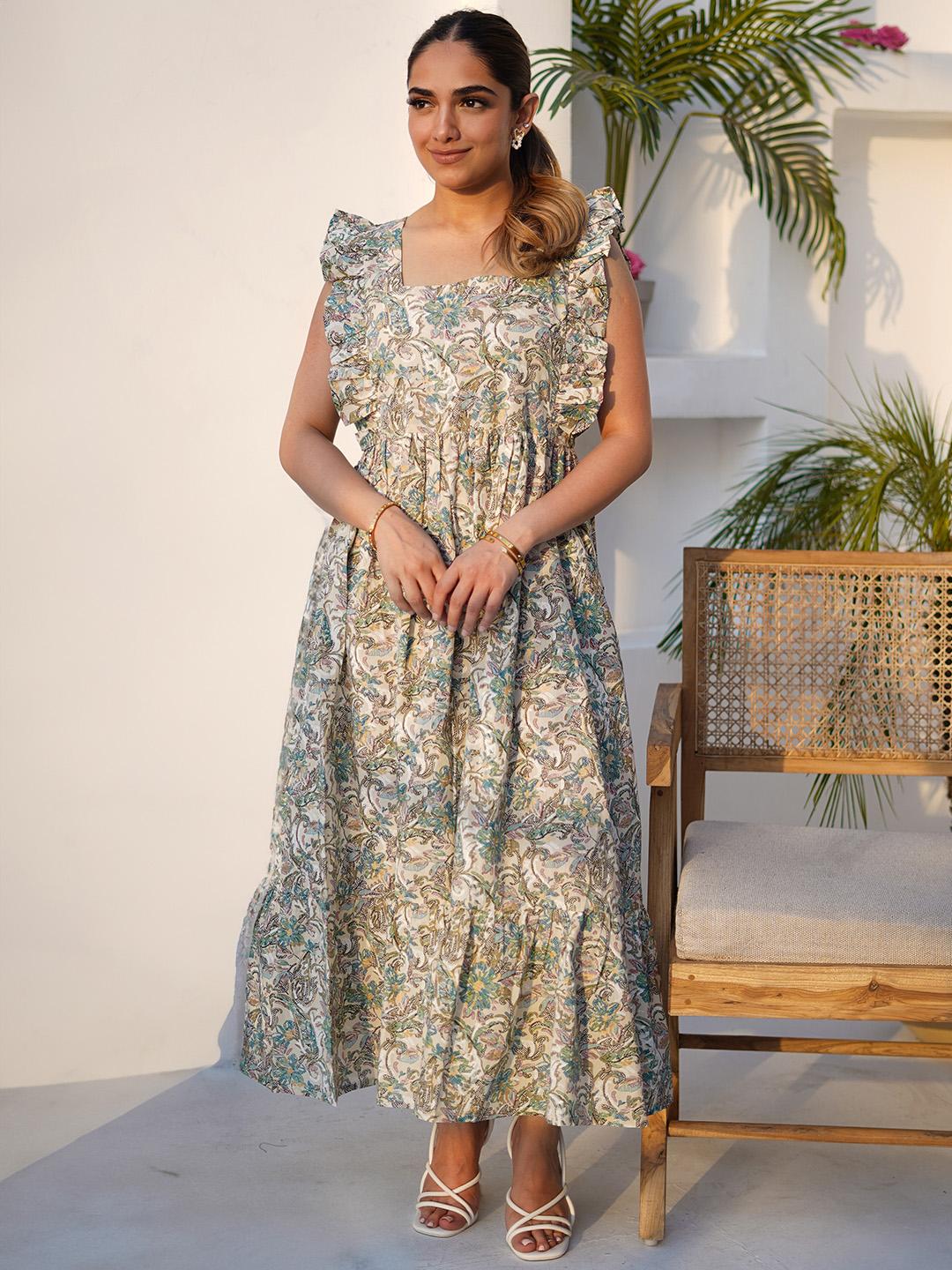 Buy Libas Floral Printed Square Neck Cotton A Line Midi Dress - Dresses ...