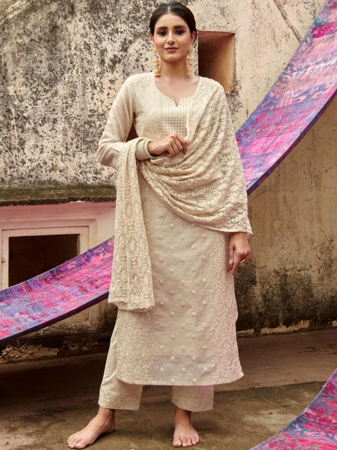 Buy KARAJ JAIPUR Floral Embroidered Round Neck Three Quarter Sleeves ...