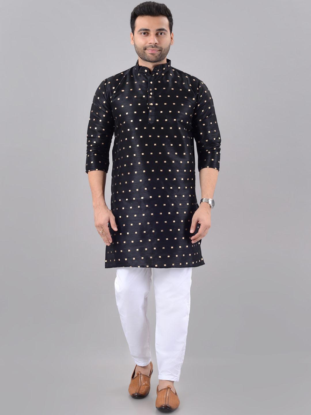 Buy VILLAIN Geometric Printed Thread Work Mandarin Collar Kurta ...
