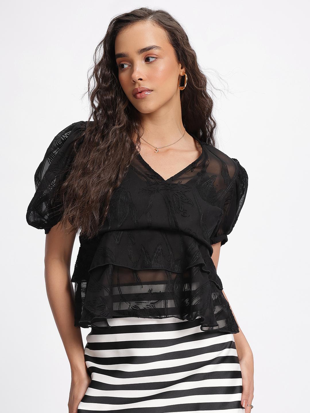 Buy DressBerry X Fwd Floral V Neck Semi Sheer Crop Top - Tops for Women ...