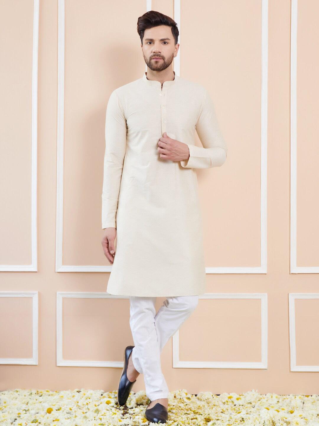 Buy See Designs Mandarin Collar Long Sleeves Cotton Thread Work Kurta ...