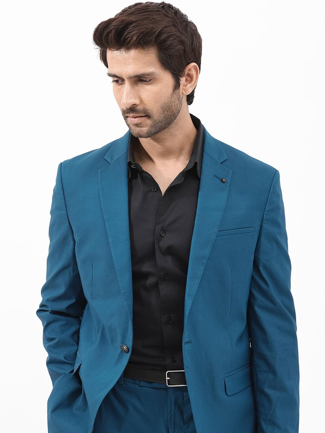 Buy RARE RABBIT Men Teal Plain Polyester Full Sleeve Lapel Neck ...
