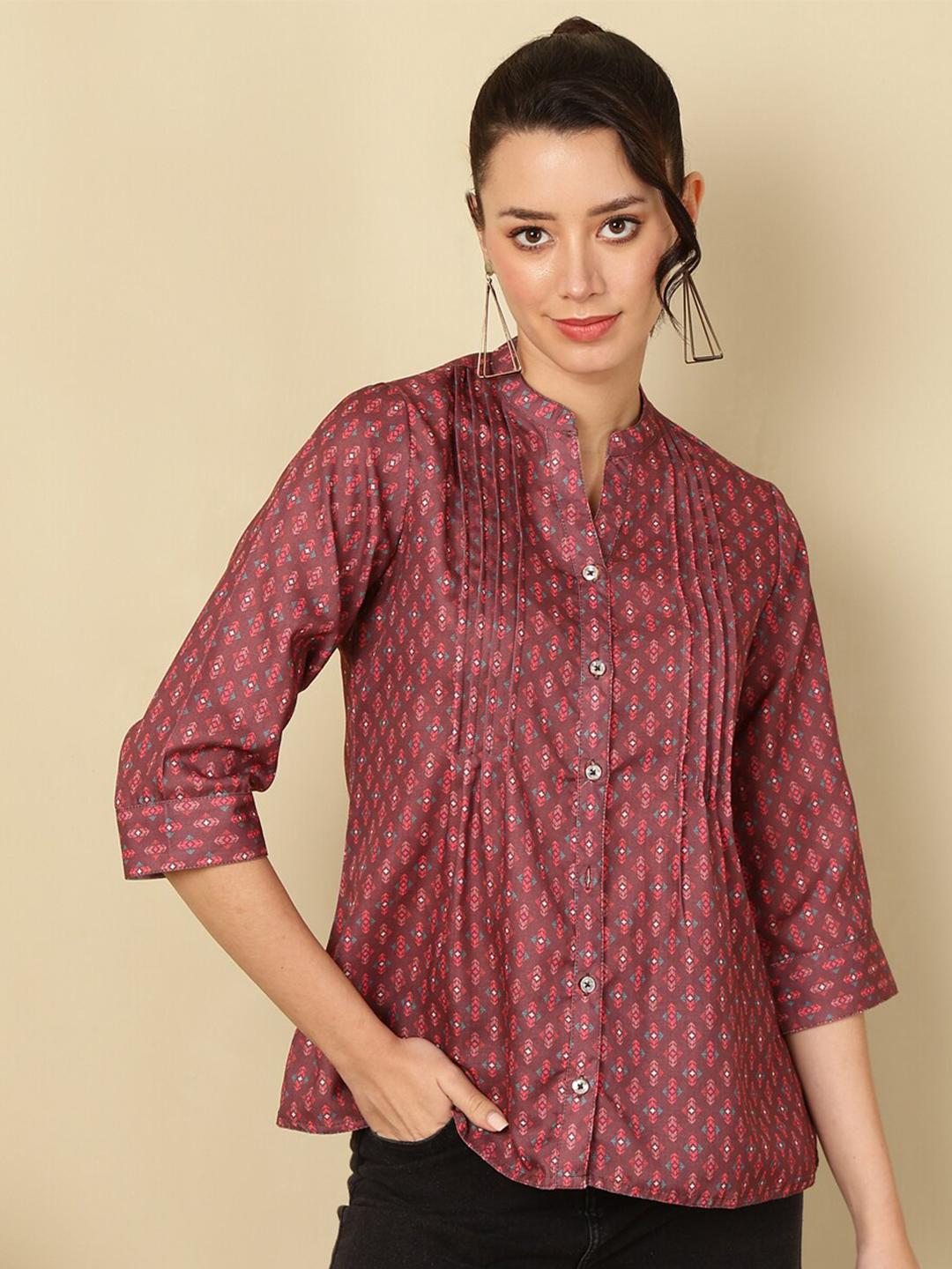 Buy Jaipur Kurti Ethnic Motif Printed Mandarin Collar Shirt Style Top ...