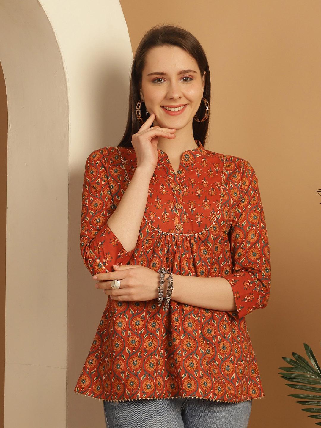 Buy Roly Poly Floral Print Mandarin Collar Cotton Empire Top - Tops for ...