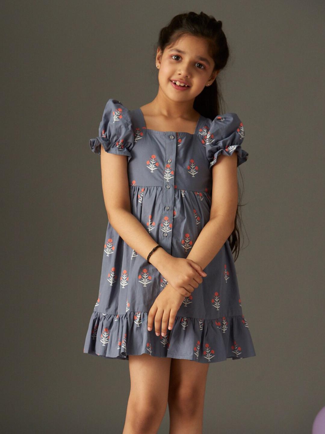 Buy KidsDew Grey And Pink Floral Print Puff Sleeve Cotton Fit & Flare ...