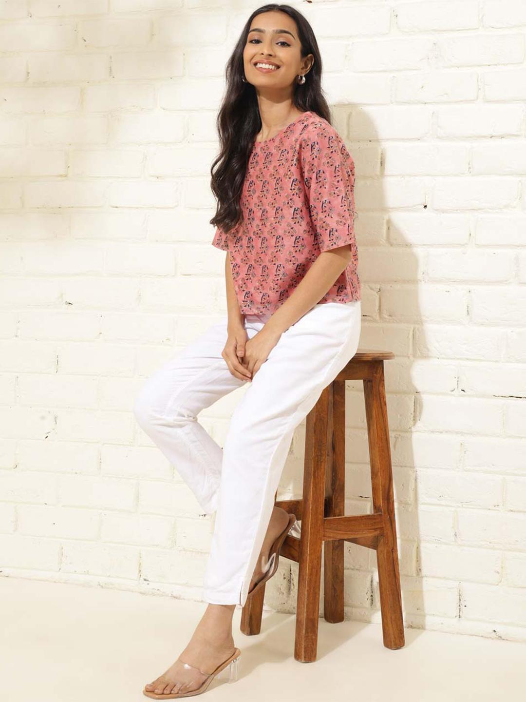 Buy Fabindia Ethnic Motifs Printed Round Neck Cotton Silk Top - Tops ...