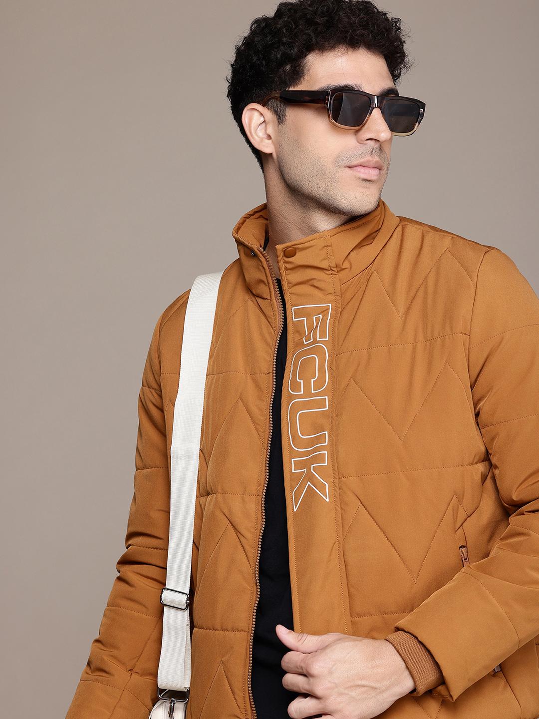 Buy FCUK Mock Collar Brand Logo Printed Padded Jacket - Jackets for Men ...