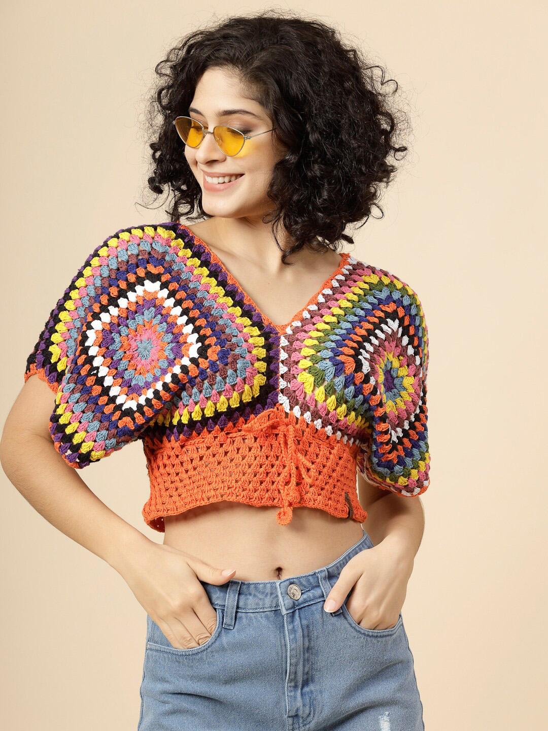 Buy Velvery Geometric Printed Extended Sleeves Cotton Crochet Crop Top ...