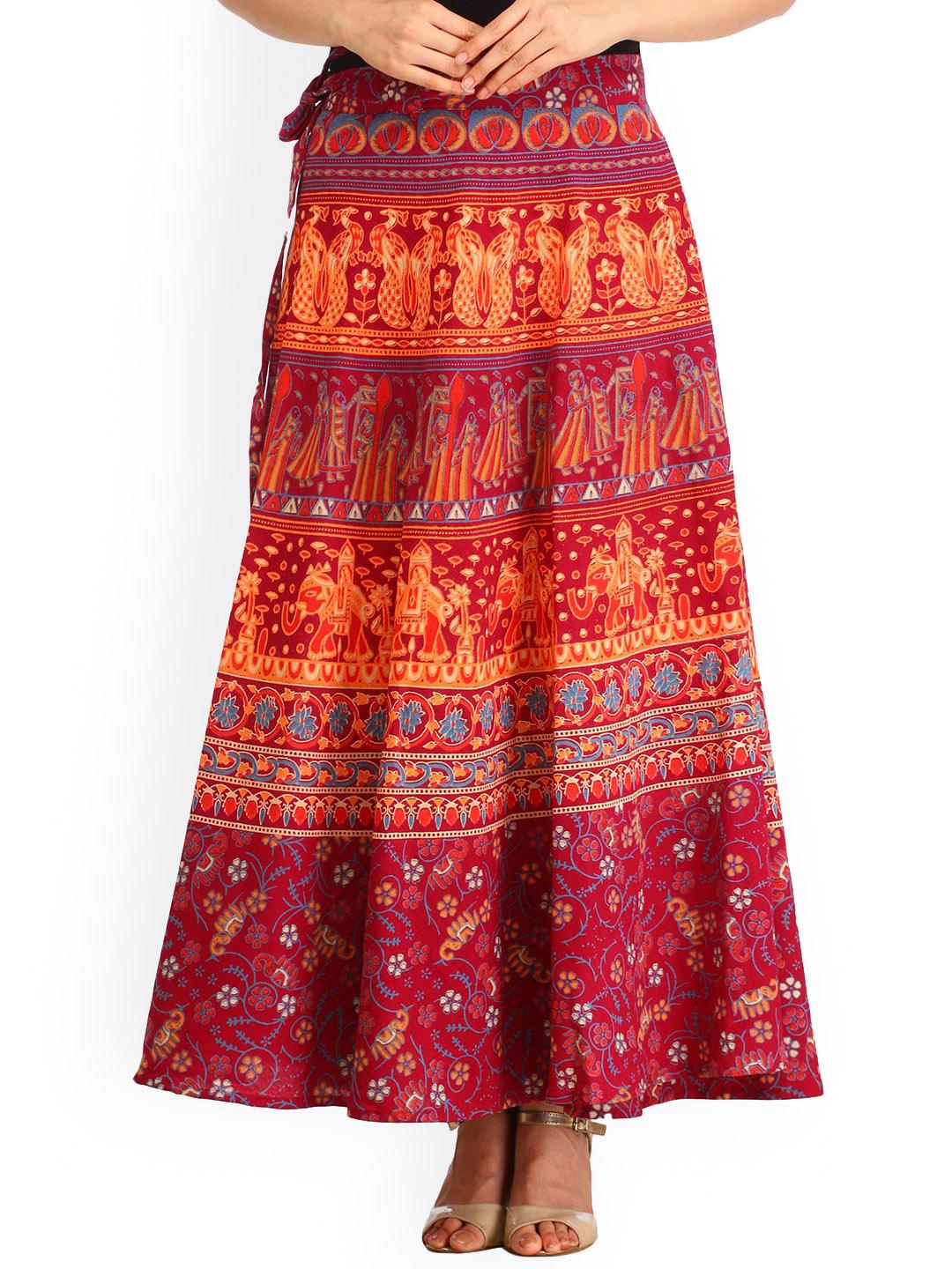 Buy Exotic India Wrap Around Mauve Wine Long Skirt With Printed Wedding ...