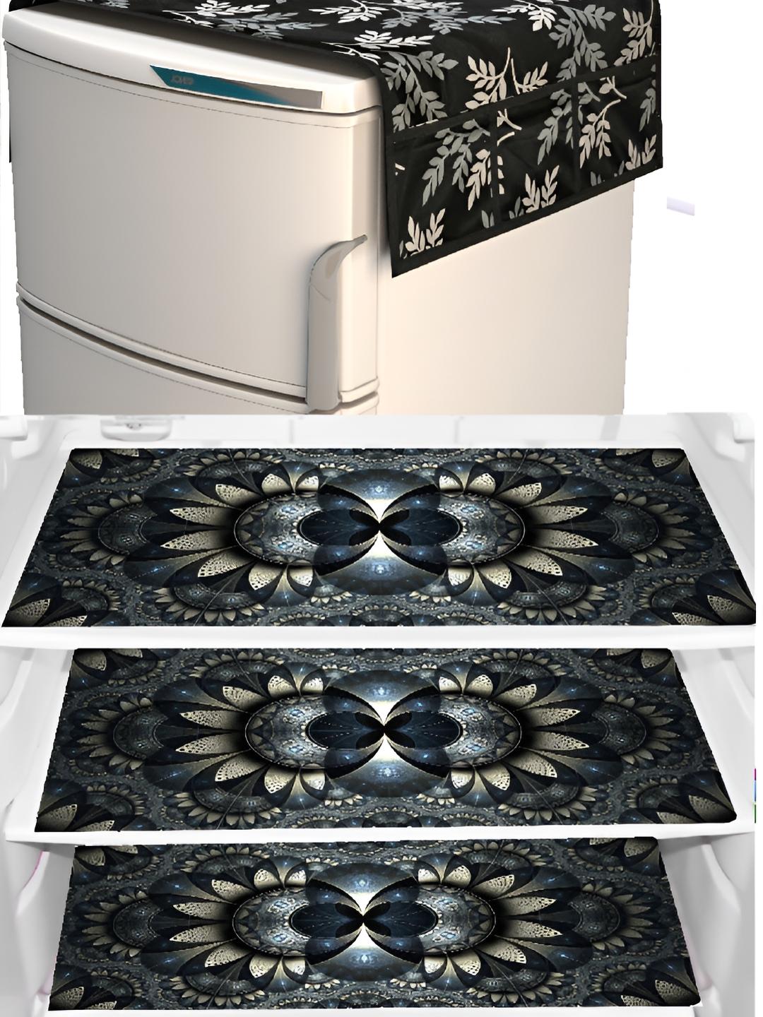 Buy REVEXO Black & White 4 Pieces Printed Fridge Top Cover & Mats ...