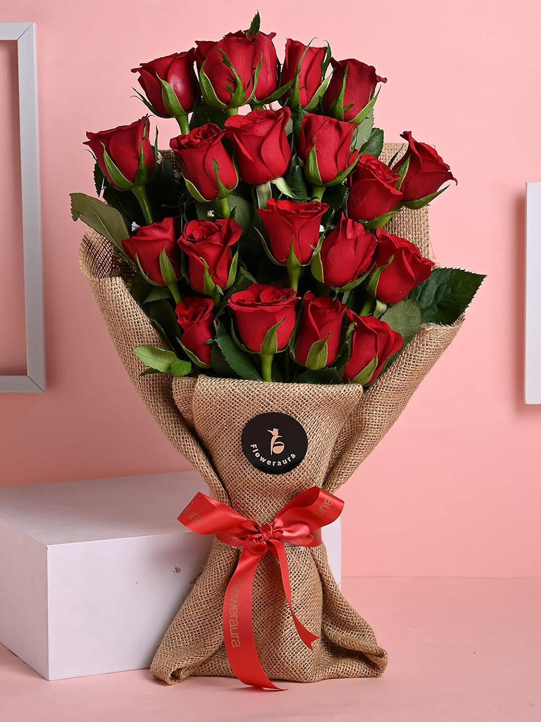 Buy Floweraura Red 20 Pieces Fresh Live Roses Bouquet In Jute Packing ...