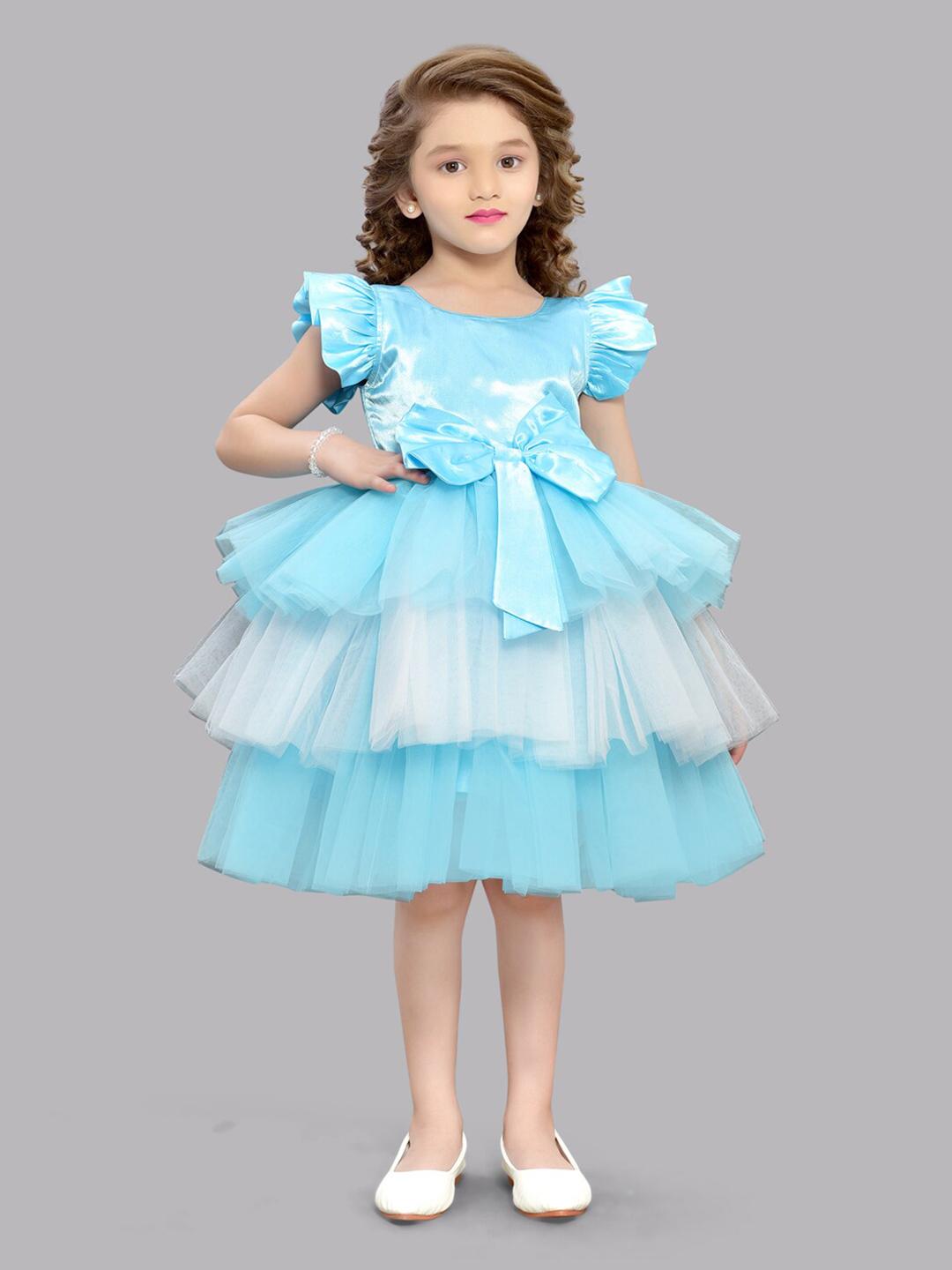 Buy Pink Chick Girls Self Design Flutter Sleeve Layered Net Fit & Flare ...