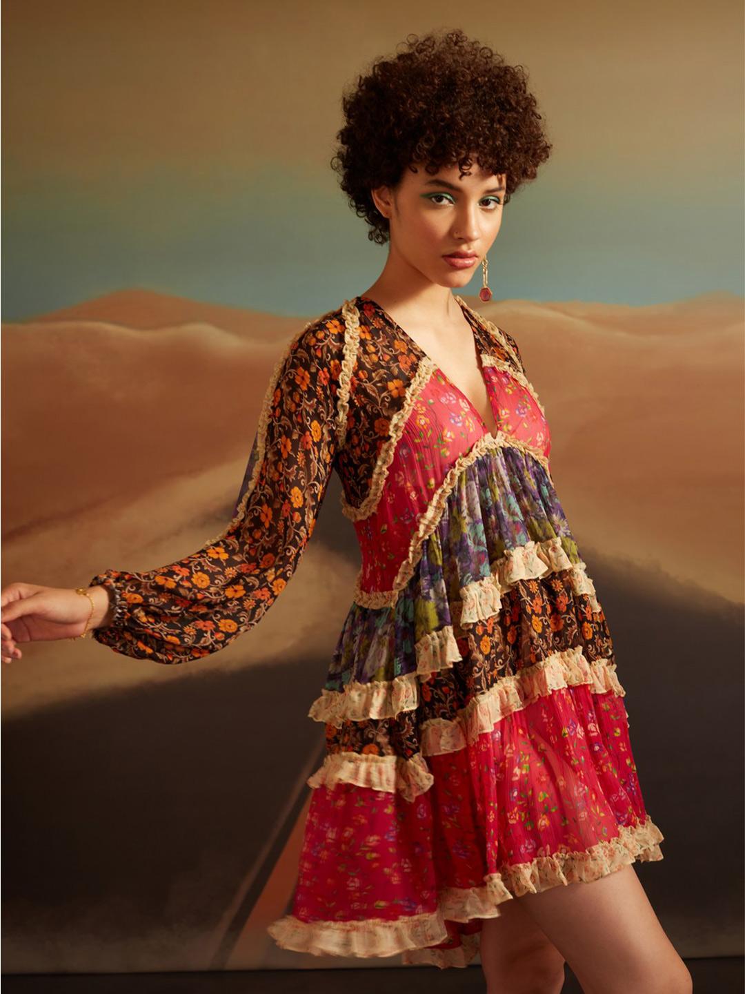 Buy VERB BY PALLAVI SINGHEE Ethnic Motifs Print Georgette A Line Dress ...