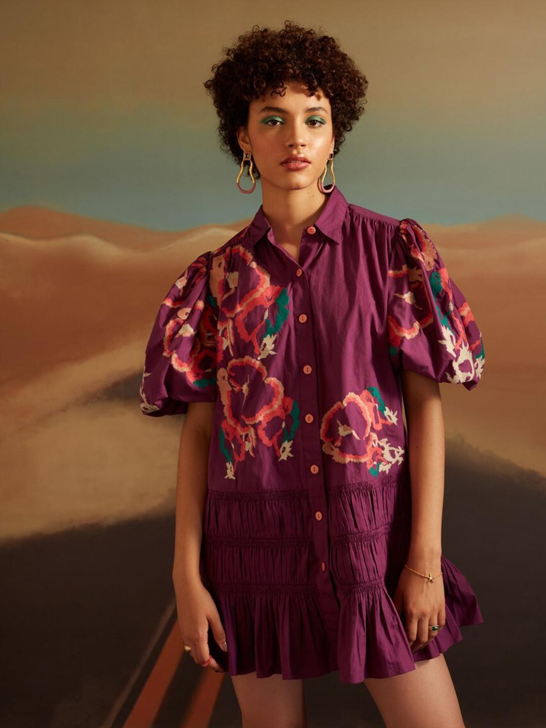Buy VERB BY PALLAVI SINGHEE Floral Print Shirt Collar Puff Sleeves ...