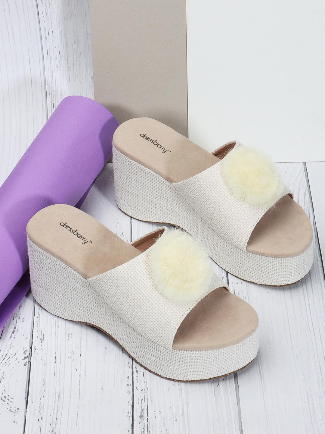 Buy DressBerry Cream Coloured Textured Embellished Wedge Heels - Heels ...