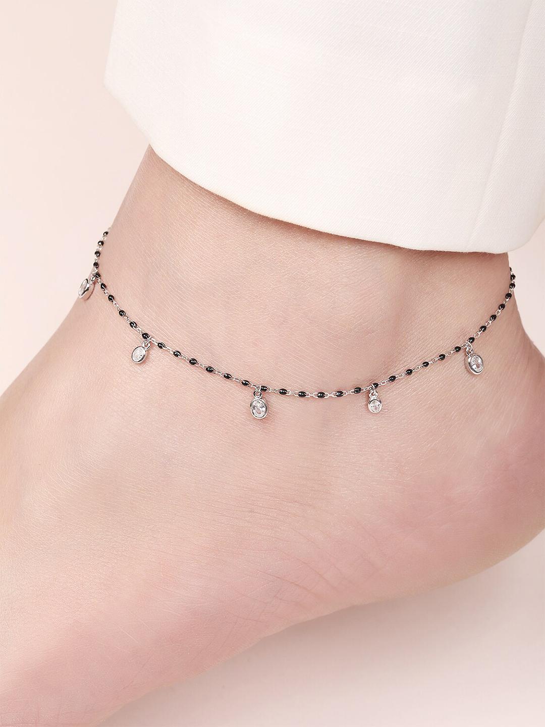 Buy Zavya Rhodium Plated 925 Pure Silver Stones Studded & Beaded Anklet ...