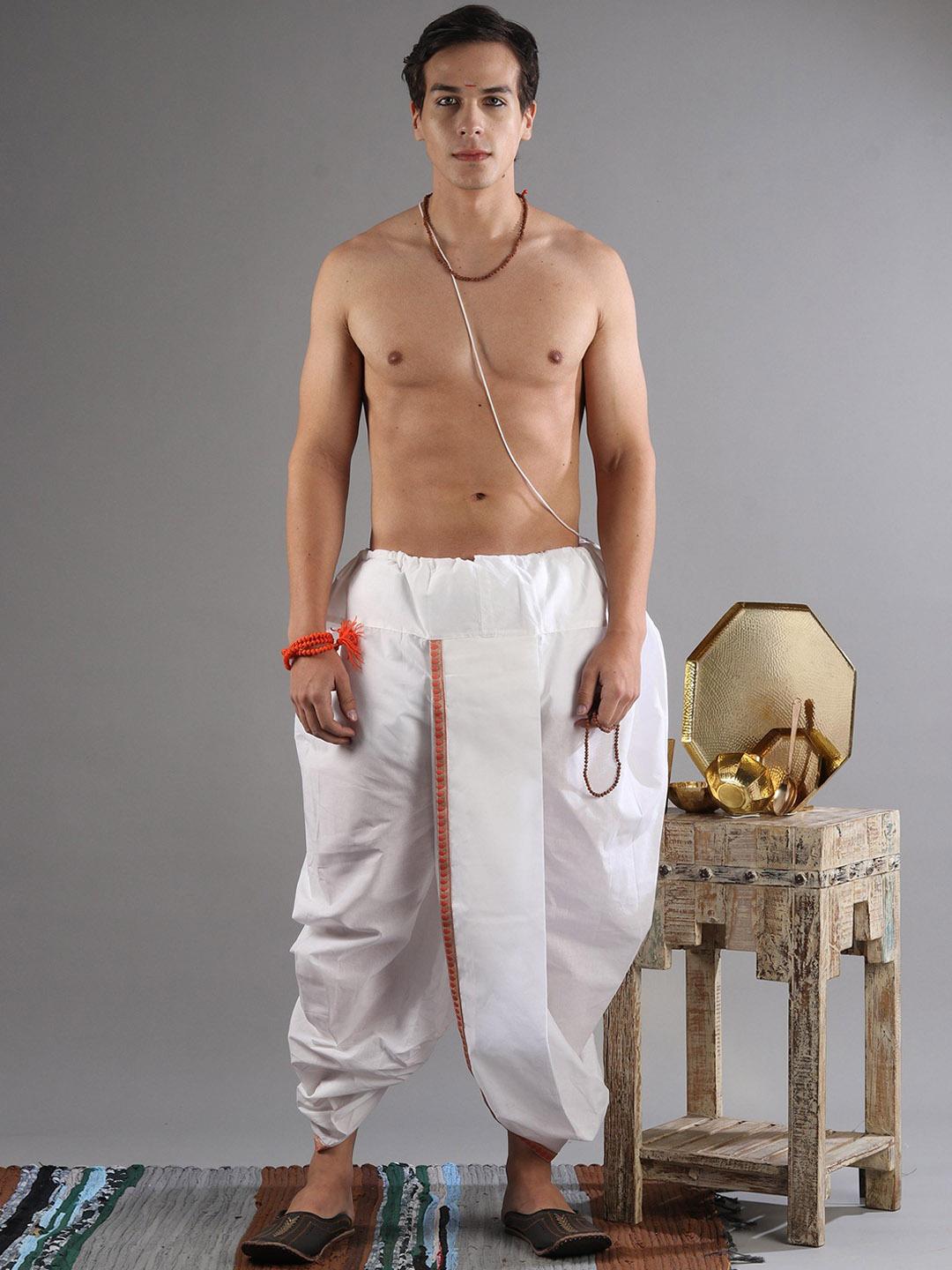 Buy Exotic India By BLISS Woven Zari Patti Ready To Wear White Dhoti ...