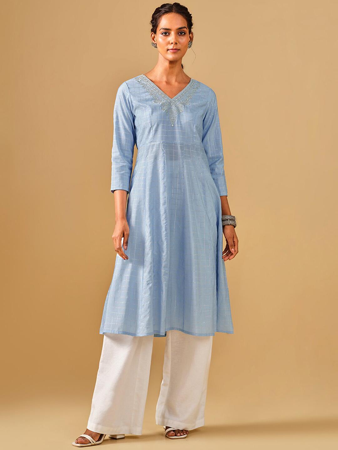 Buy Global Desi Checked V Neck Beads & Stones A Line Kurta - Kurtas for ...